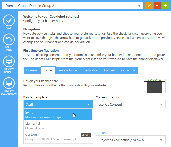 Configuration of the Swift banner – Cookiebot Support